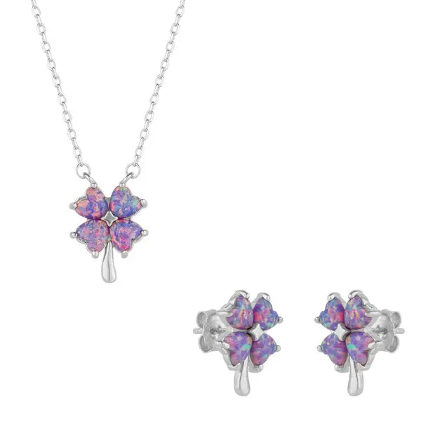 SPERO LONDON Sterling Silver Four Leaf Clover Opal Necklace And Earrings Set - Silver/purple