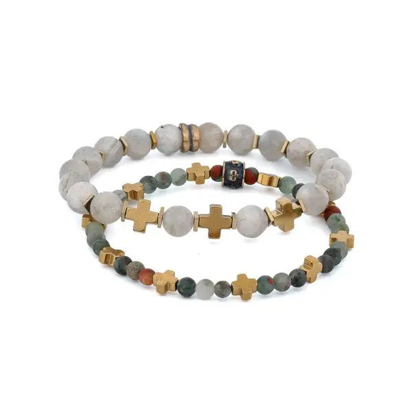 EBRU JEWELRY Labradorite & African Bloodstone Beaded Bracelet Set - Gold/green/white