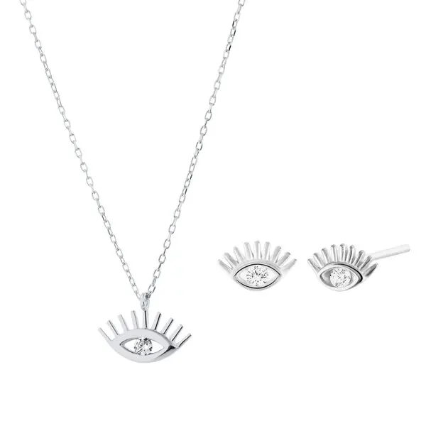 SPERO LONDON Evil Eye Necklace And Stud Earring Set - Silver