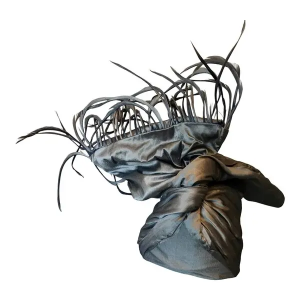ROMER MILLINERY Silk Shantung Turban With Feather Trim - Grey/silver