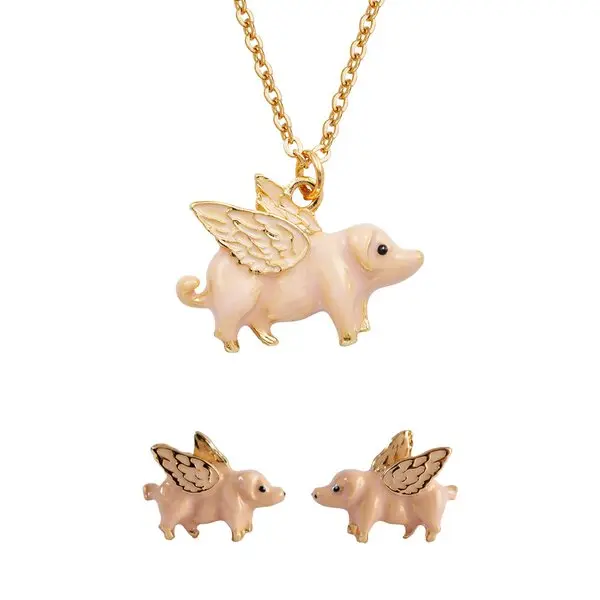 FABLE ENGLAND Flying Pig Necklace And Stud Earrings Set - Gold/pink