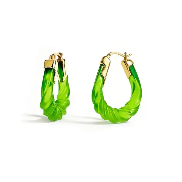 GOLD & HONEY Rope Twist Oval Hoop Earrings With Peridot Green Lucite - Gold/green