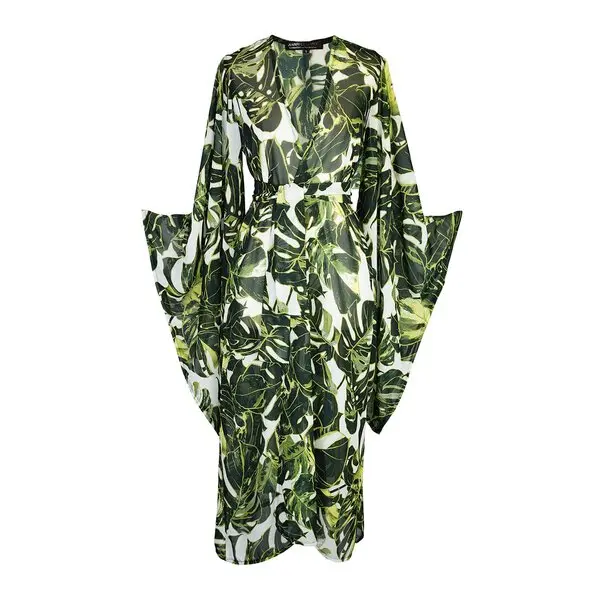 JENNAFER GRACE Mallorca Palms Blanc Kimono - Green/white