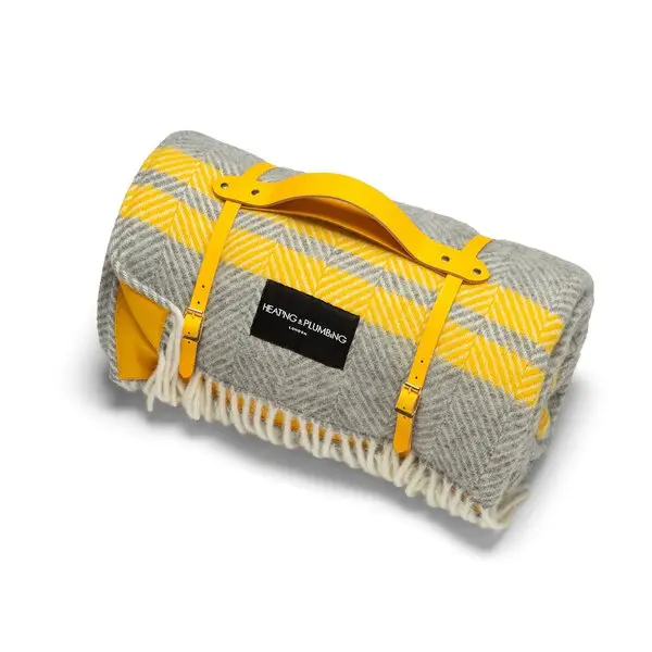 HEATING & PLUMBING LONDON Pure New Wool Waterproof Picnic Blanket Grey & With Short Leather Shoulder Strap - Yellow