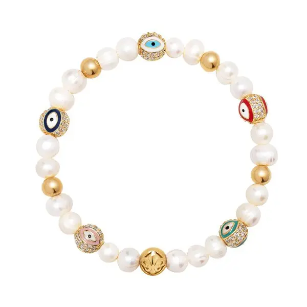 NIALAYA JEWELRY Pearl And Evil Eye Bead Bracelet - Gold/white
