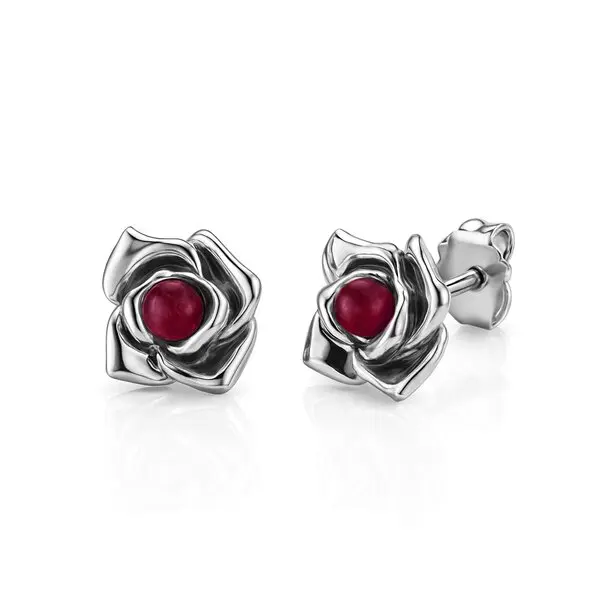 UNALOE Sterling Silver Ruby Floral Stud Earrings - Silver/red