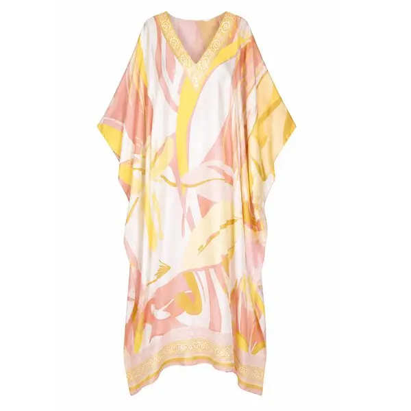 Loveist Store Silky Satin Abaya Kaftan With Statement Print - Yellow