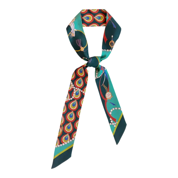 LOST PATTERN Peacock" Silk Twilly Neck Bow - Green