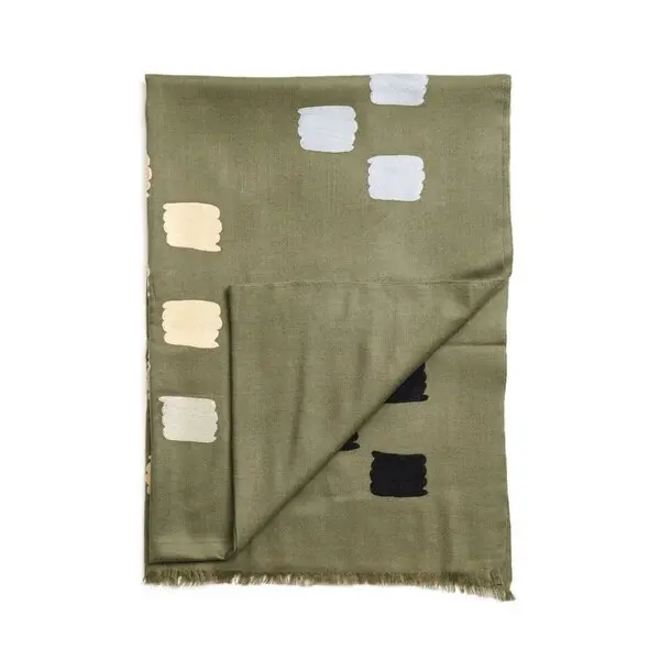STUDIO VARIOUSLY Sahara Olive Silk Merino Hand Woven Hand Embroidered Scarf - Green
