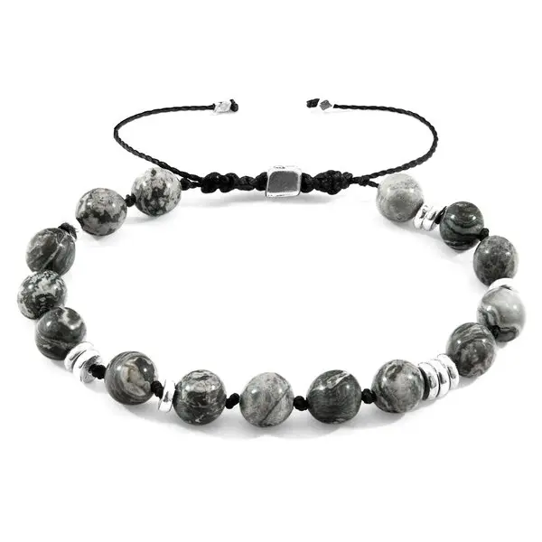 ANCHOR & CREW Jasper Agaya Silver And Stone Beaded Macrame Bracelet - Grey