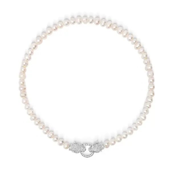 NIALAYA JEWELRY Freshwater Pearl Choker With Silver Panther Head Lock - Gold/white