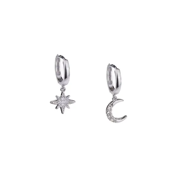 SEVEN SAINTS Moon And Star Huggie Hoop Drop Earrings - Silver