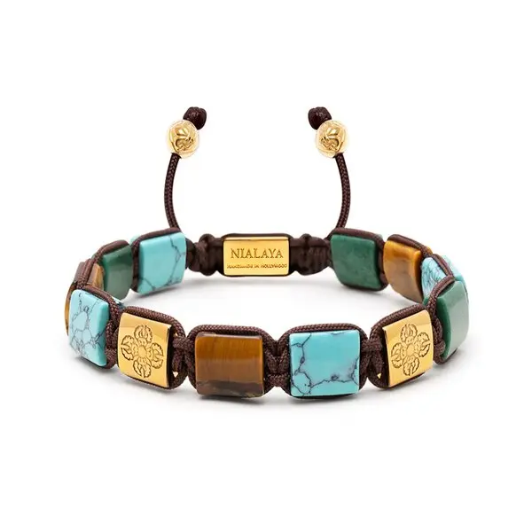 NIALAYA JEWELRY Dorje Flatbead Turquoise, Green Jade & Brown Tiger Eye Bracelet - Blue/brown/green