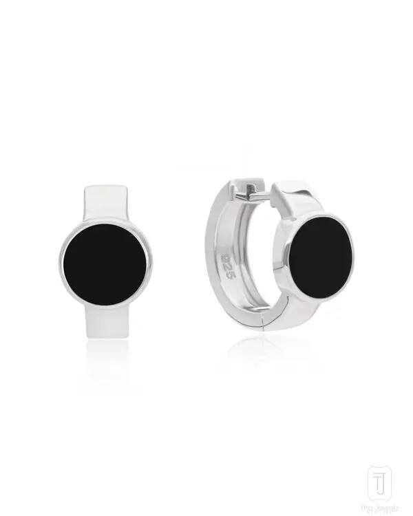 THE JEWELZ Noir Axis Black Onyx Sterling Silver Huggies - Black/silver
