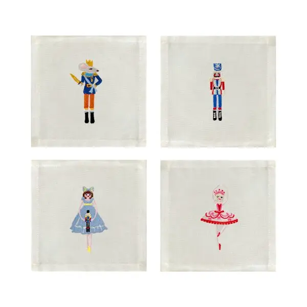 LILLY LOVES Nutcracker Embroidered Cocktail Napkin Set Of 4 - Red
