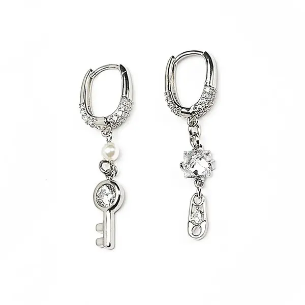 KIREI Keycode Asymmetrical Hoop Earrings With Pearl And Zirconia Charms - Silver