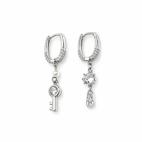 KIREI Keycode Asymmetrical Hoop Earrings With Pearl And Zirconia Charms - Silver