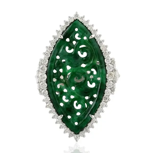 ARTISAN 18k White Gold Carved Jade And Diamond Ring - Green/white
