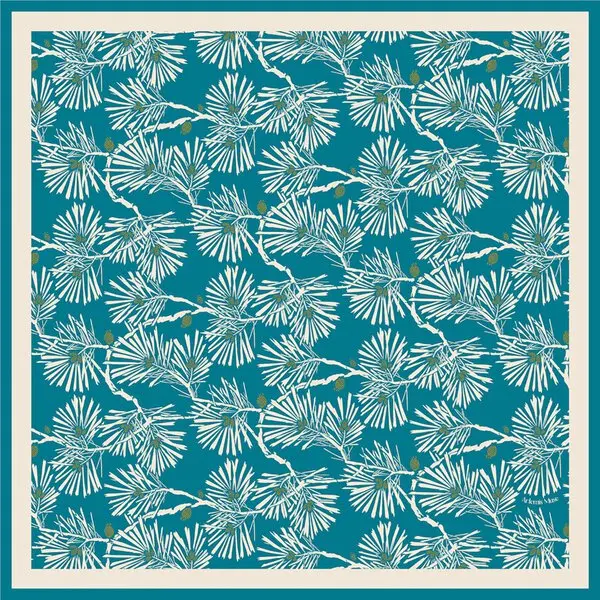 ARTEMIS MUSE Teal & Ivory Japanese Pine Needles Luxury Silk Scarf - Blue