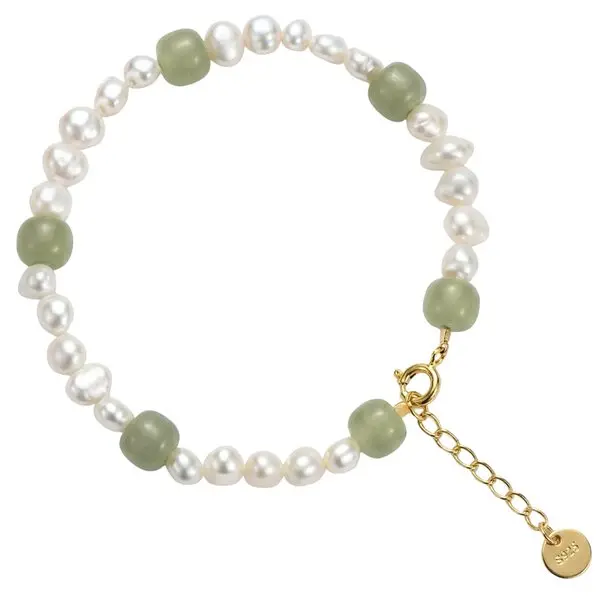 SEREE Isabelle Pearl And Green Jade Bracelet - White/gold/green