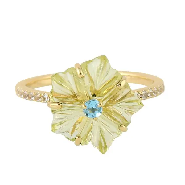 ARTISAN Floral Ring In 18k Yellow Gold With Lemon Quartz, Blue Topaz And White Sapphire - Gold/yellow