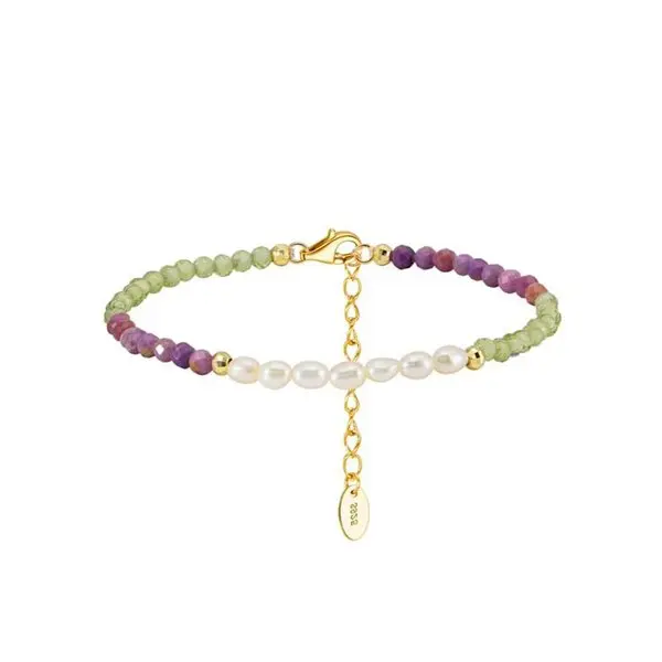 SHADED THE LABEL Lunari Beaded Bracelet With Peridot, Purple Mica, And Freshwater Pearls In 18k Gold Vermeil - Gold/purple/green