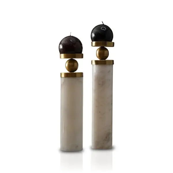 MARLETH Black / White Handmade Marble Cylinder Candle Holders – Tall & Short Pair With Brass Sphere Accents - Black/white