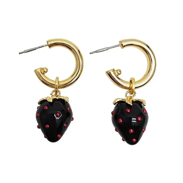 FARRA Strawberry Dangle Hoop Earrings - Black