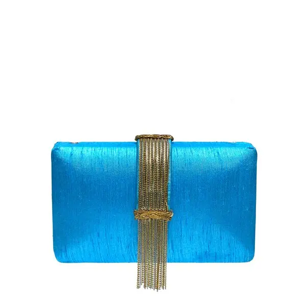 SIMITRI Faux Silk Clutch With Fringe And Chain - Blue/gold