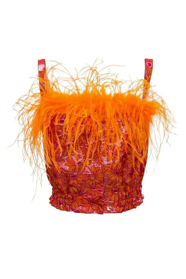 ANDREEVA Floral Jacquard Top With Feather Detail - Red