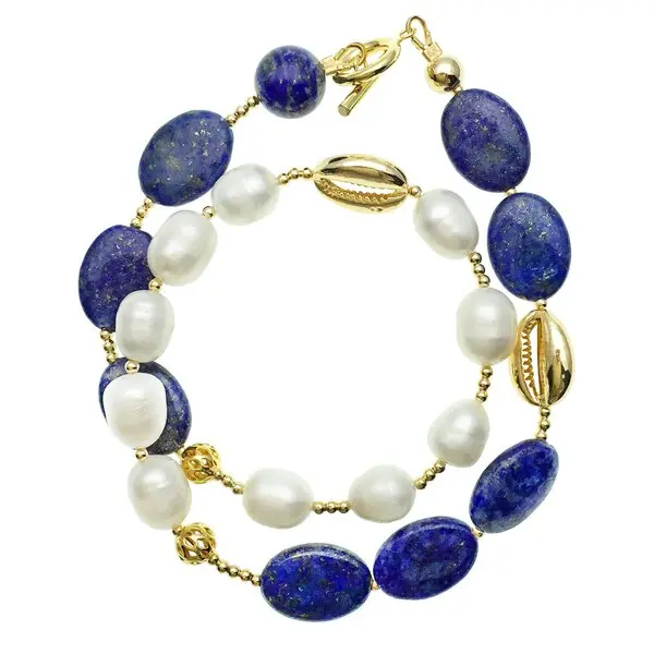 FARRA Lapis Lazuli And Freshwater Pearl Double Wrapped Bracelet - Blue/white