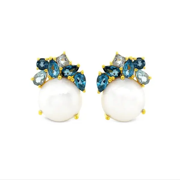 GEM BAZAAR JEWELLERY Pearl And Blue Topaz Earrings - Gold/blue/white
