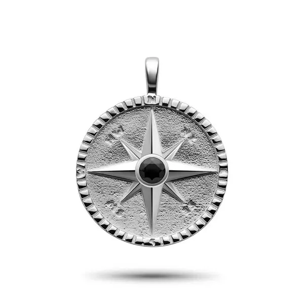 RAHUL PATEL COLLECTION Nautical Compass Amulet With Black Spinel - Silver