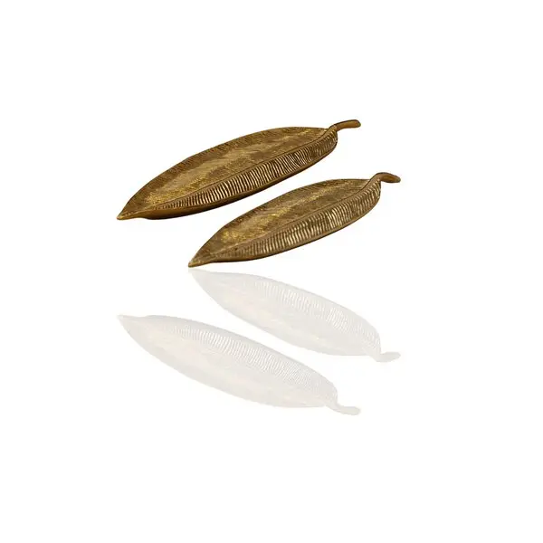 MARLETH Set Of Two Solid Brass Feather Trays, Large & Small - Gold