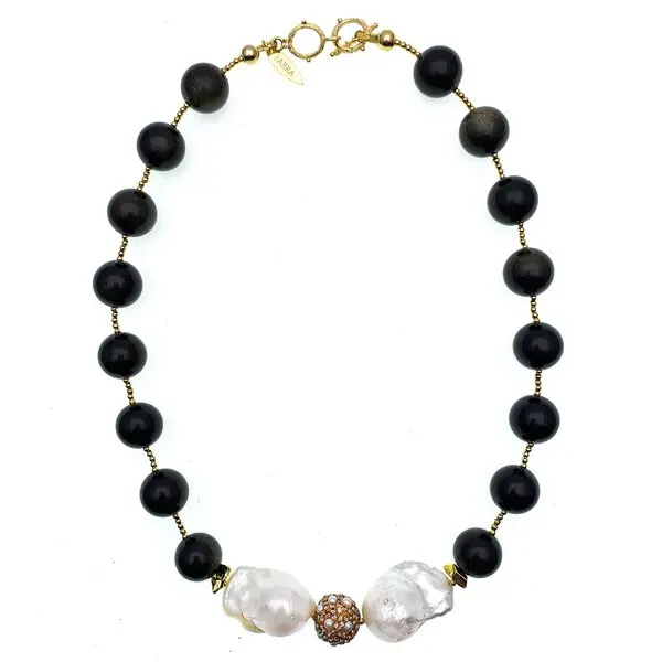 FARRA Gemstone And Baroque Pearl Statement Necklace - Black