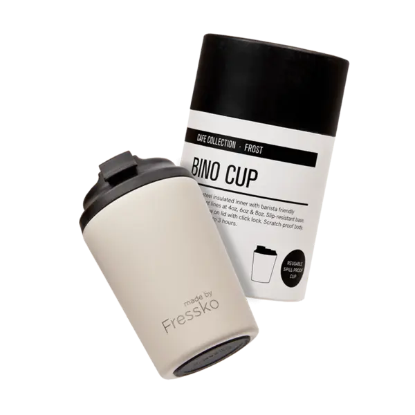 FRESSKO Bino 8oz / 227ml Reusable Coffee Cup, Stainless Steel Frost - White