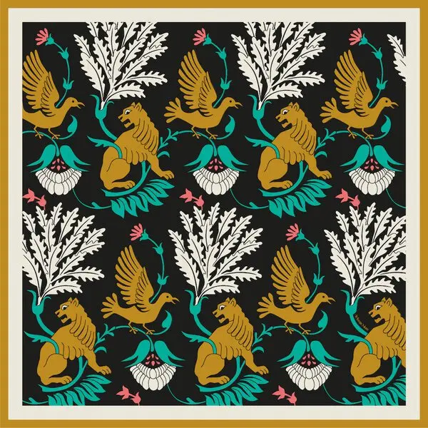 ARTEMIS MUSE Regal Doves & Lions & Colourful Luxury Silk Scarf - Black