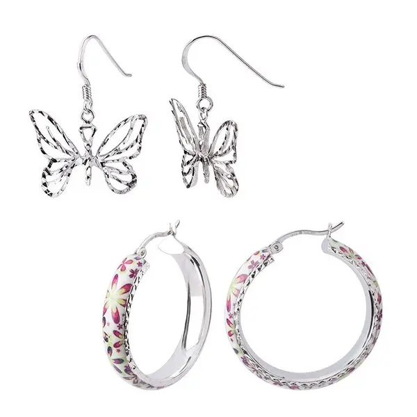 GOLD & HONEY Butterfly And Floral Hoop Earrings Set - Silver