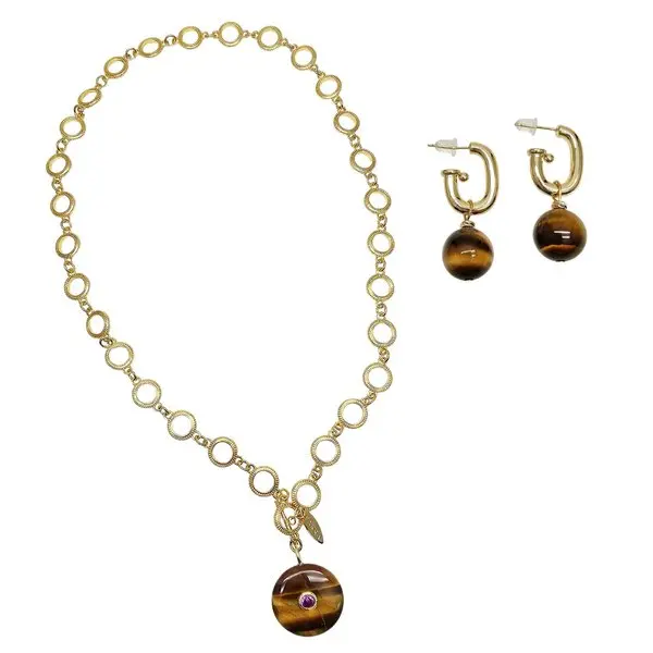 FARRA Tiger Eye Pendant Lariat Necklace And Dangle Earrings Set - Brown