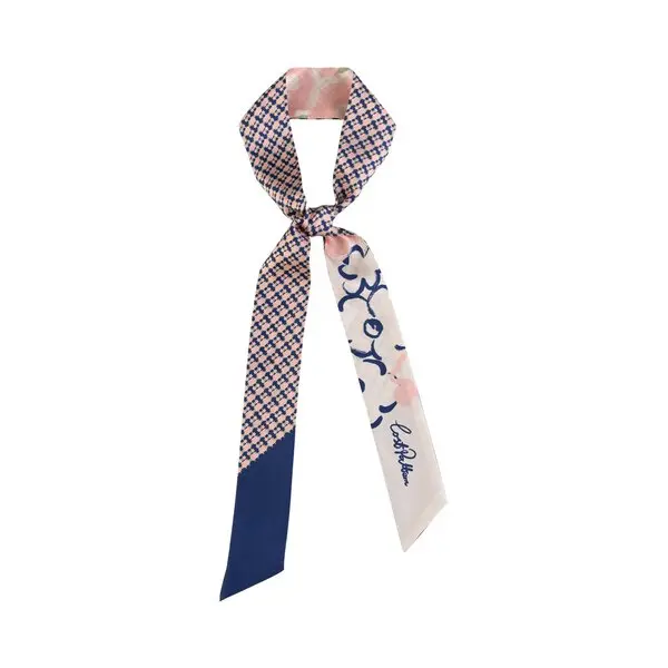 LOST PATTERN Floral Houndstooth" Silk Skinny Scarf - Blue