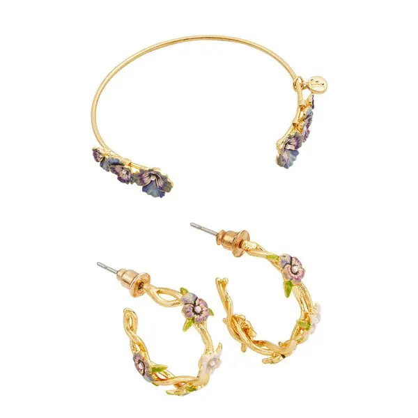 FABLE ENGLAND Wildflower Hoop Earrings & Pansy Pearl Bangle Set - Gold