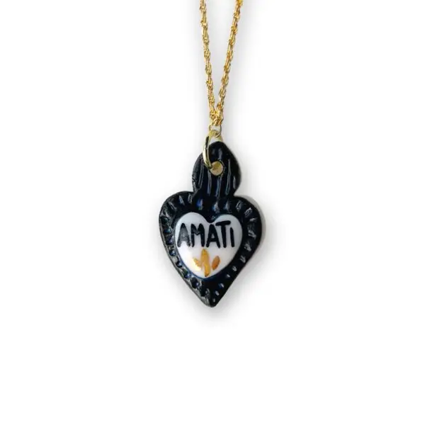 Tiké Jewels Sacred Heart Amati Gold Plated Necklace - Black