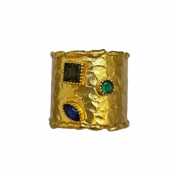 SILVER & ELEGANT Emerald And Sapphire Bronze Ring - Gold