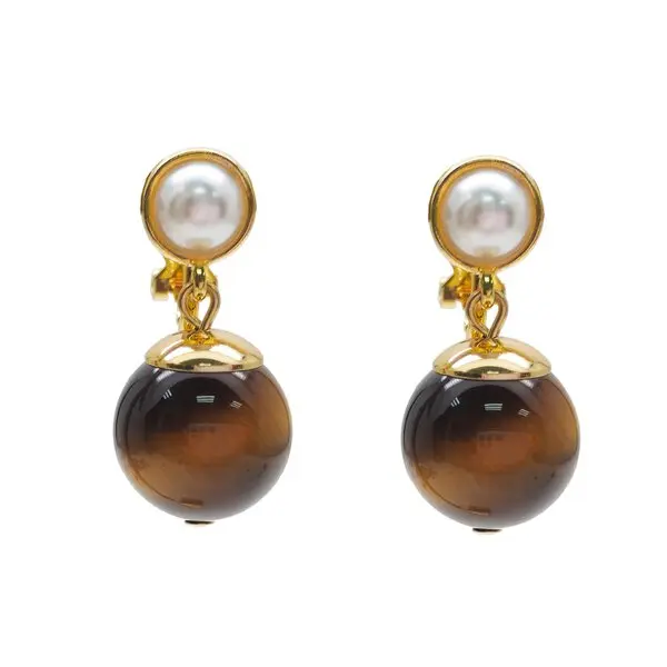 FARRA Tiger Eye And Pearl Clip-on Earrings - Brown