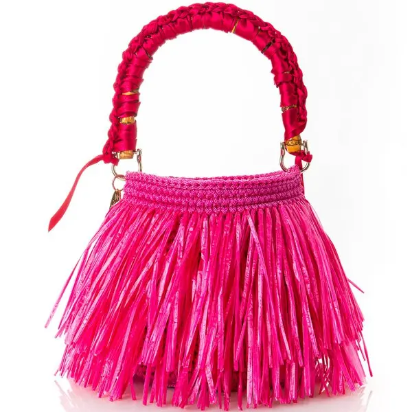 SPEIRA Raffia Fringe Bucket Bag - Pink