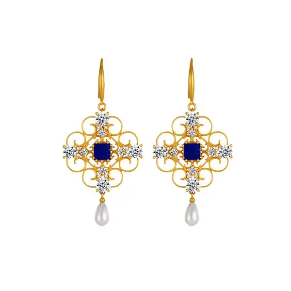RETRO CHIC Gold / Blue Orchid Dream Pearl Earrings - Gold/blue