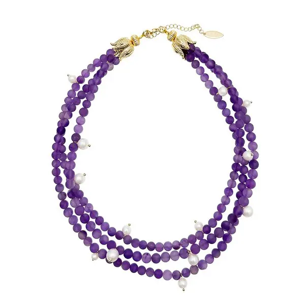 FARRA Triple Strands Amethyst And Pearl Necklace - Purple