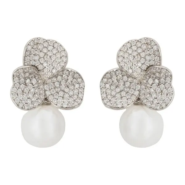 LATELITA London Silver Iris Flower And Pearl Dangle Earrings With Cubic Zirconia - Silver/white
