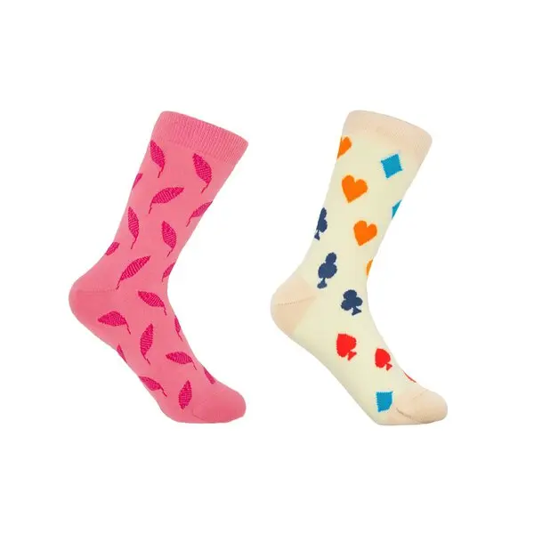 PEPER HAROW - MADE IN ENGLAND Leaf And Playing Card Patterned Crew Socks Bundle - Beige/pink