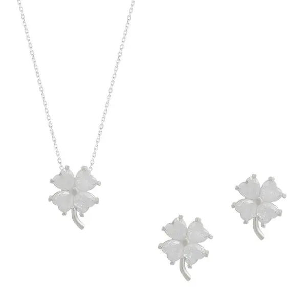 SPERO LONDON Four Leaf Clover Necklace And Earring Set - Silver/white